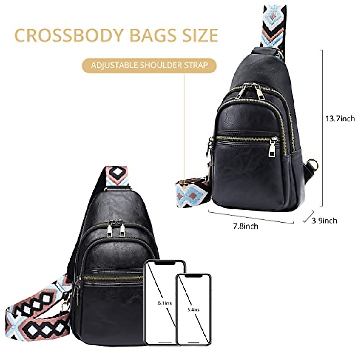 YZFSM Sling Bag for Women PU Leather Sling Bags for Women Crossbody Small Sling Backpack Multipurpose Chest Bag for Women (Black)