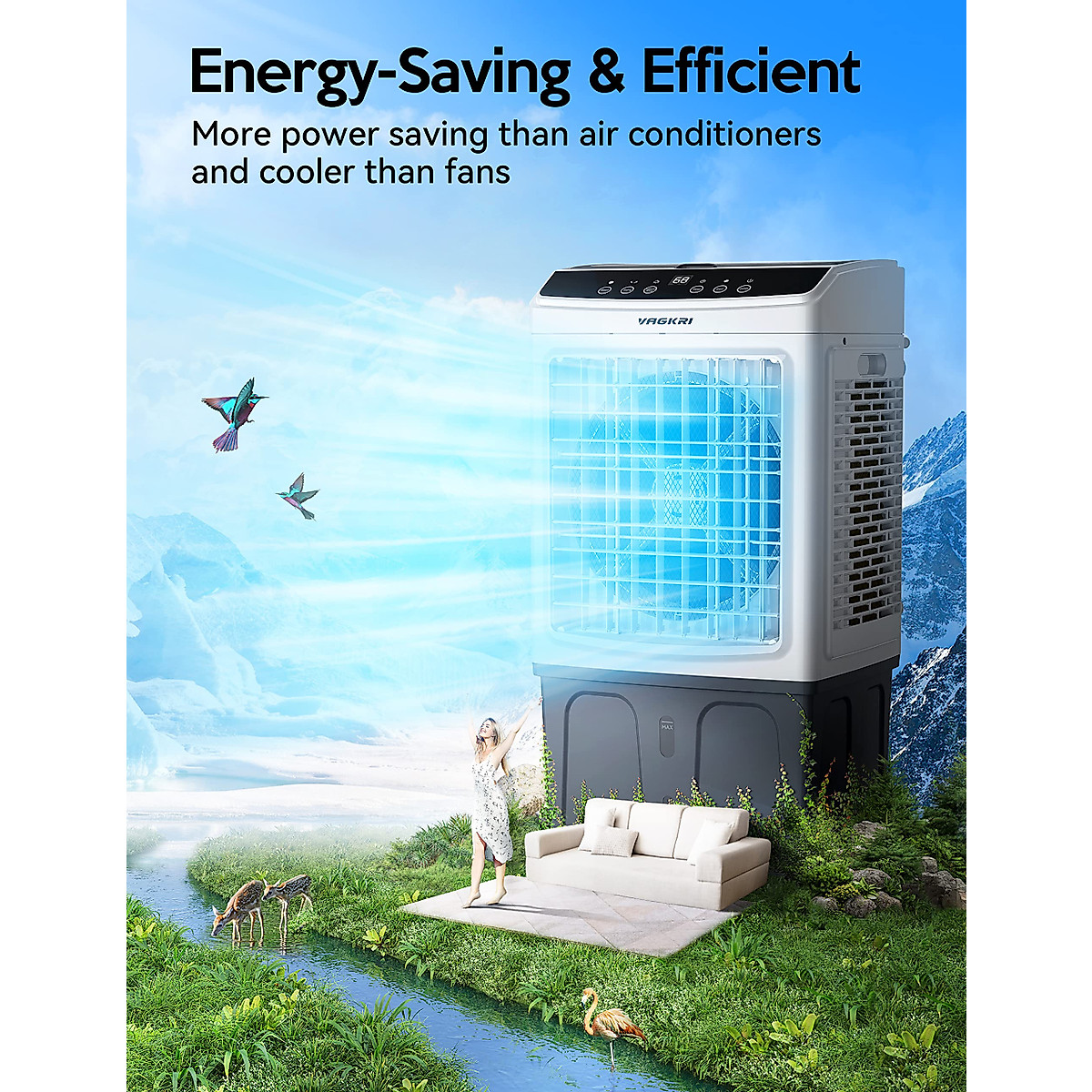 VAGKRI Evaporative Air Cooler, 2200CFM Swamp Cooler, 120°Oscillation Air Cooler with Remote Control, 24H Timer, 3 Modes & Wind Speeds for Outdoor Indoor Use, 9.2Gallon