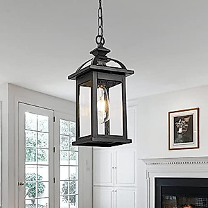 Darkaway Outdoor Pendant Light Fixture Lantern, Hanging Porch Light with Glass Aluminum Outdoor Pendant Lights for Porch, Patio, Entryway (1 Pack, Black)
