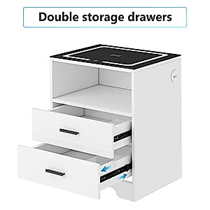 Nightstands, Smart Nightstand with Wireless Charging Station, Modern 3 Color LED Lights Infinitely Dimmable USB Port Nightstand, Bedside Table with 2 Drawer Storage Cabinet for Bedroom - White
