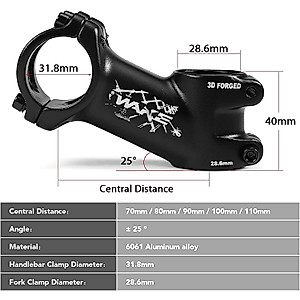 ZECHAO Mountain Road Bike Stem,Ultralight 25 Degree Bike Stem Handlebar 31.8mm Mountain Bike Stem 70/80/90/100/110mm Bike Parts Bike Stem (Color : Black, Size : 70mm)