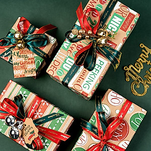 RUSPEPA Christmas Wrapping Paper, Kraft Paper - Snowflakes, Red and Green Stripe and Christmas Greetings - 4 Rolls - 30 inches x 10 feet per Roll