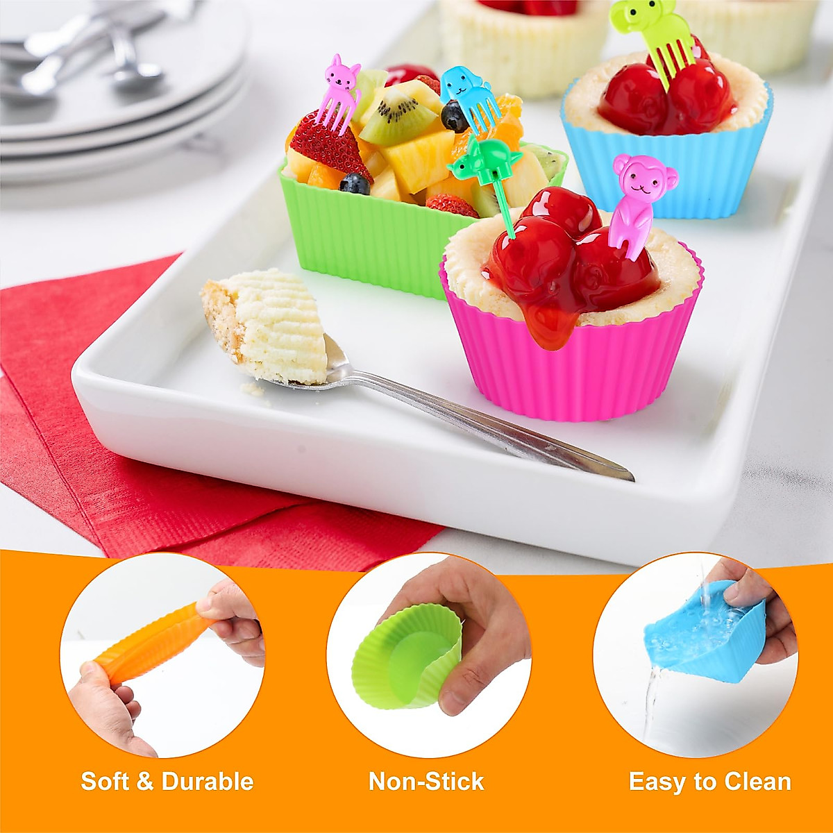 SEANSDA 70 Pcs Silicone Lunch Box Dividers Set, Thicked Silicone Cupcake Liners for Baking, Reusable Lunch Bento Box Accessories with Animal Food Picks for Kids (20 Cupcake Cup + 50 Picks)