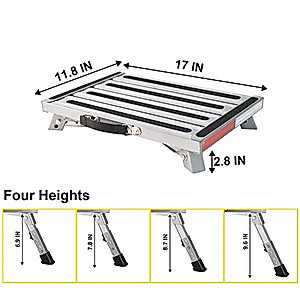 Safety RV Steps, Yagud Height Adjustable Folding Platform Step with 17" X 12" Anti-Slip Surface, Rubber Feet, Handle, Reflective Strips, and T Level, Aluminum RV Step Stool Supports Up to 1000lbs