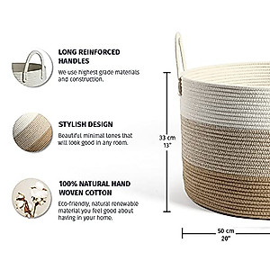 OrganiHaus Woven Baskets for Storage | Modern Boho Laundry Basket | Cotton Rope Blanket Basket for Living Room | Extra Large Storage Basket for Kids | Laundry Hamper & Blanket Holder - Honey (20x13)