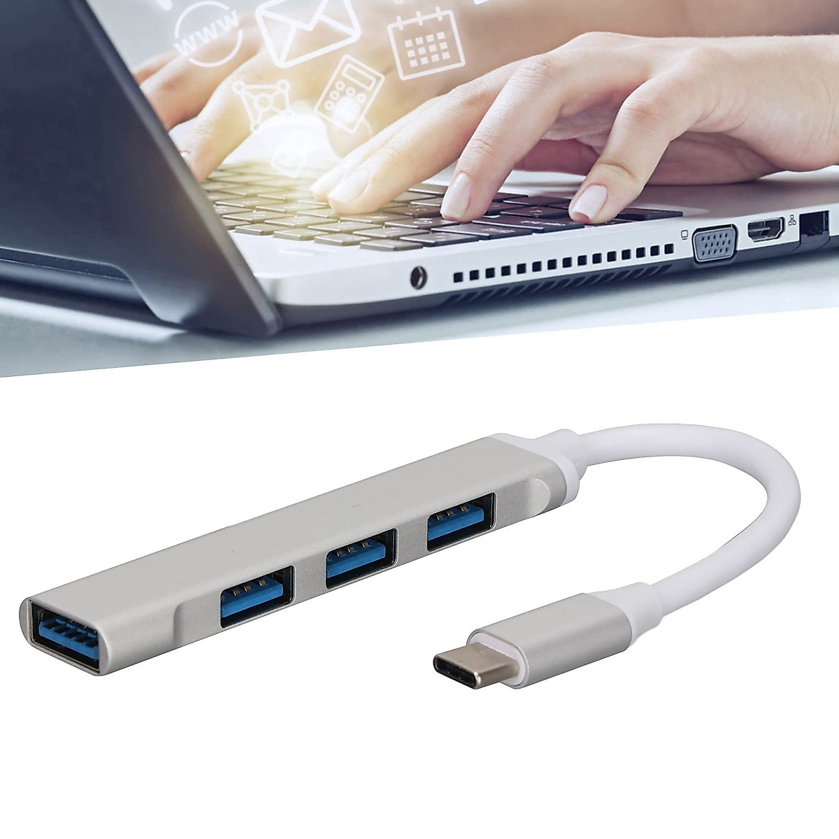 ASHATA USB C Hub, 4 in 1USB C to USB with 1 USB3.0 3 USB2.0 Ports, Mini Portable USB C Hub Adapter, for Laptop, Mouse, Keyboard, Hard Disk, Mobile Phone, Tablet(Silver)