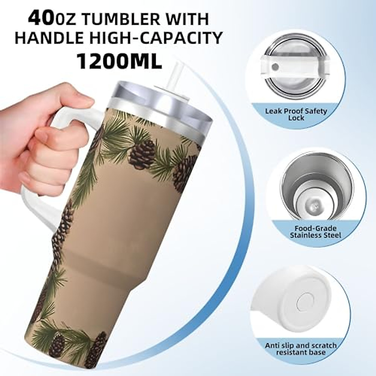ZHSGNMHH Pine Cone Border 40oz Tumbler With Handle And Straw Stainless Steel Hot/Cold Travel Coffee Cup With Lid