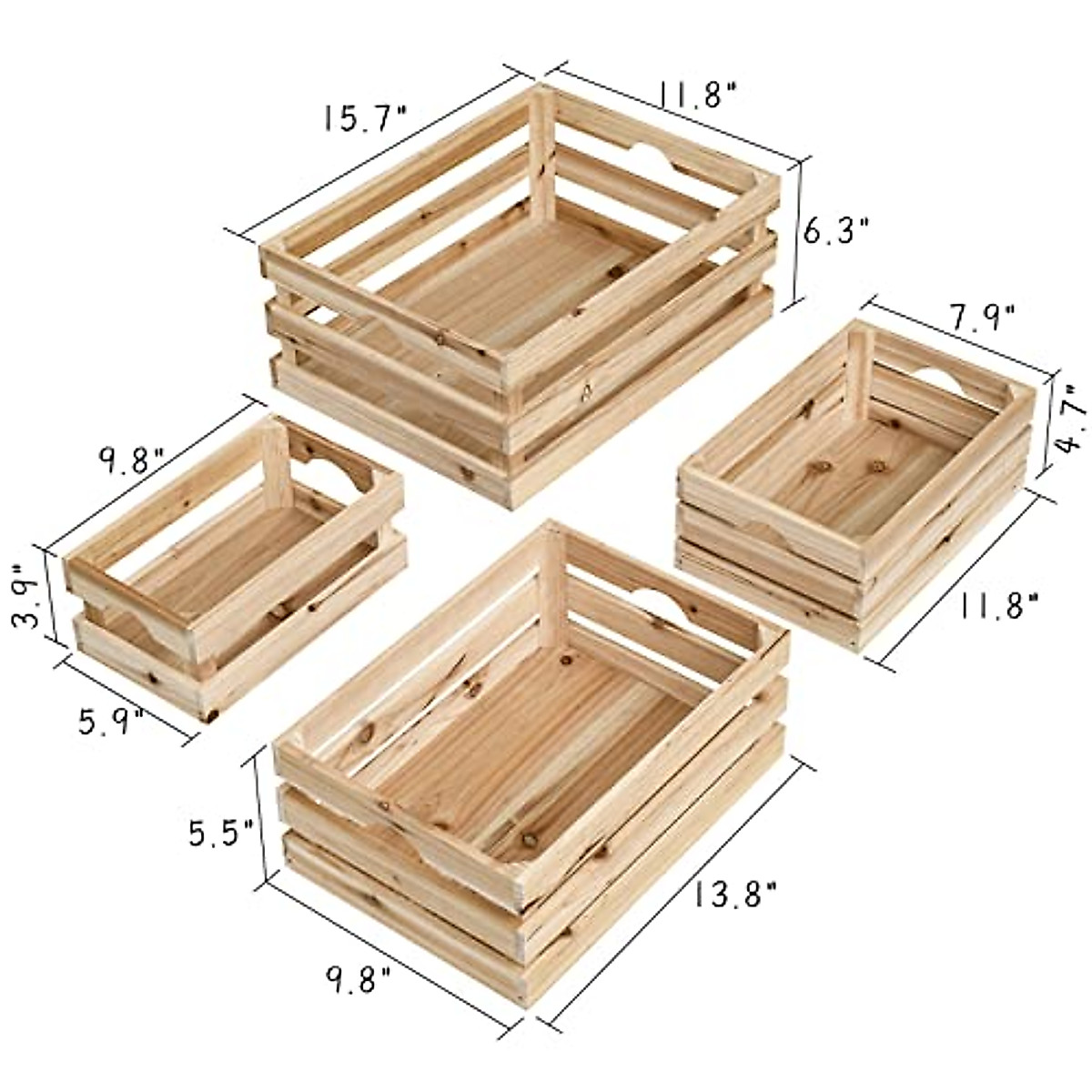 MACVAD Set of 4 Large Wooden Crates Unfinished Office Storage Crates, Decorative Wood Storage Crates for Display, Rustic Pine Wood Organizer Bin Basket for Kitchen Pantry Bathroom