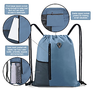 BeeGreen Blue Drawstrings Backpack Gym Sack For Men With Water Bottle Pocket &Front Zippered Pocket Large Sting Bags For WomenTraveling Yoga Beach Outdoor Gym