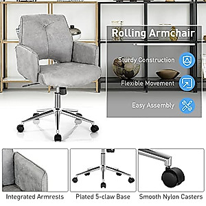 COSTWAY Ergonomic Home Office Chair, Height-Adjustable Faux Leather Computer Desk Chair w/Rolling Casters & Armrests, Upholstered Mid-Back Swivel Accent Chair for Home, Office, Study, Grey