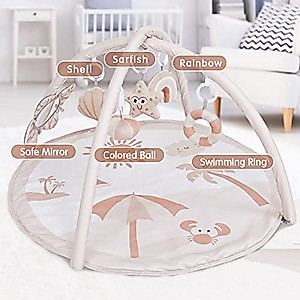 Baby Gym and Infant Play Mat, Sensory and Motor Skill Development Language Discovery Activity Gym, Non Slip Washable Playmats for Babies to Toddlers (Beach Theme)
