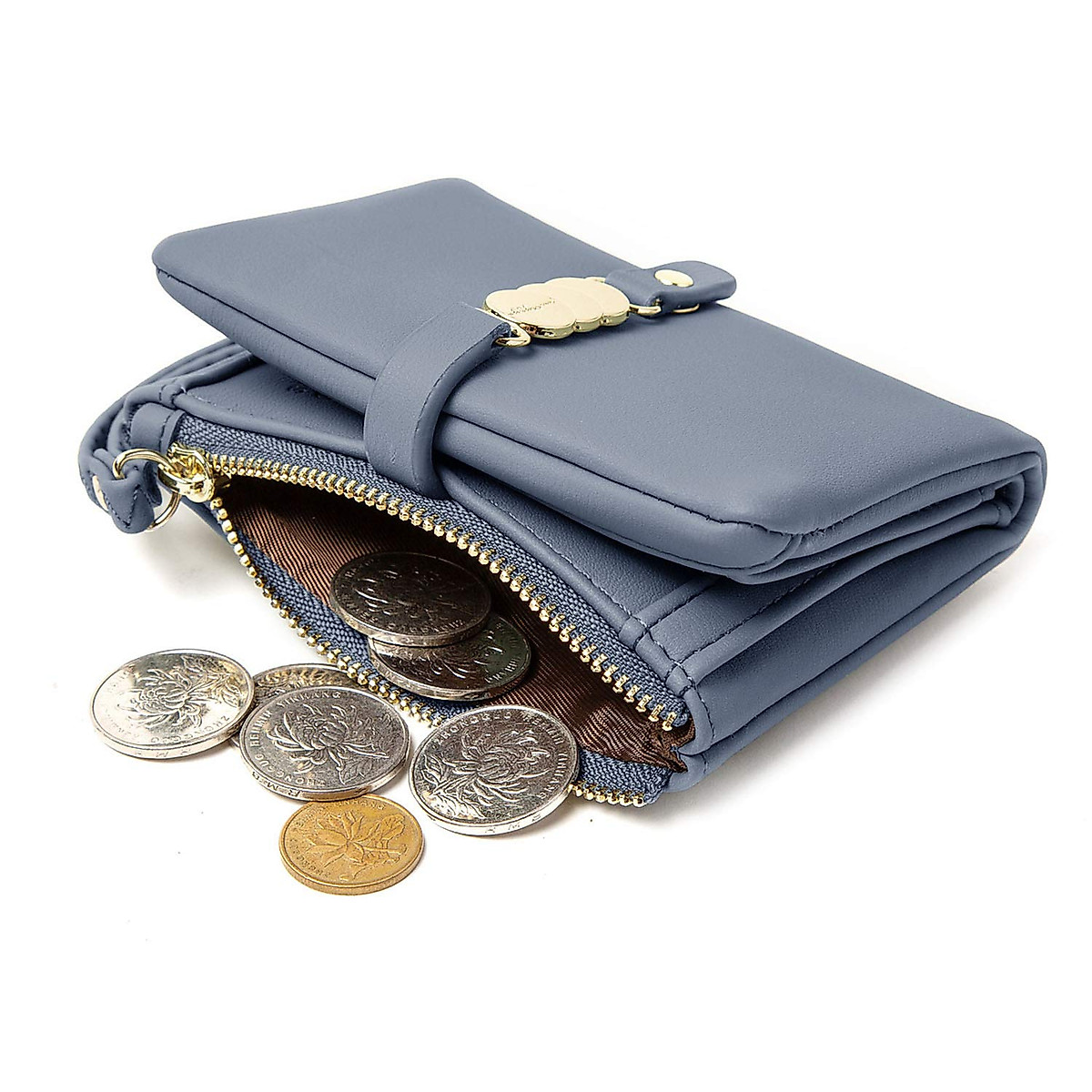 AOXONEL Womens Wallets Small Rfid Bifold Wristlet,Ladies Wallets for Card Coin,Change Purse with Wrist Strap (Blue)