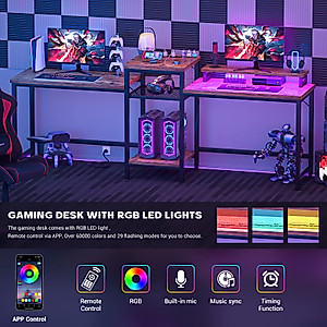 Unikito Double Computer Desk with LED Strip and Power Outlet, 2 Person Desk with Monitor Stand and Storage, Ergonomic Computer Desk with Printer Stand for Home Office, Long Gaming desk, Rustic Brown