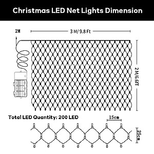 BSGlobal 3 X D Battery Operated Net Lights, 6.6ft X 9.8ft 200 LED Mesh Lights Remote 8 Modes, Waterproof Net Lights Outdoor Mesh Lights for Garden Bush Wall House Party Wedding (Cool White)