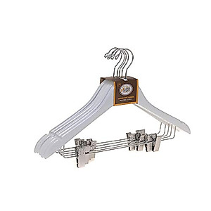 Quality Wooden Skirt Hangers with Clips, 10-Pack Smooth Solid Wood Pants Hangers with Durable Adjustable Metal Clips, Swivel Hook, Coat, Jacket, Blouse Suit Hangers (White, 10)