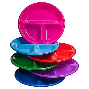 Klickpick Home - Set Of 12 With 3 Compartment Divided Plates for Kids Plastic Children Trays for Eating with 6 Bright Colors - 2 of Each Color Dishwasher Microwave Safe BPA Free for Toddlers