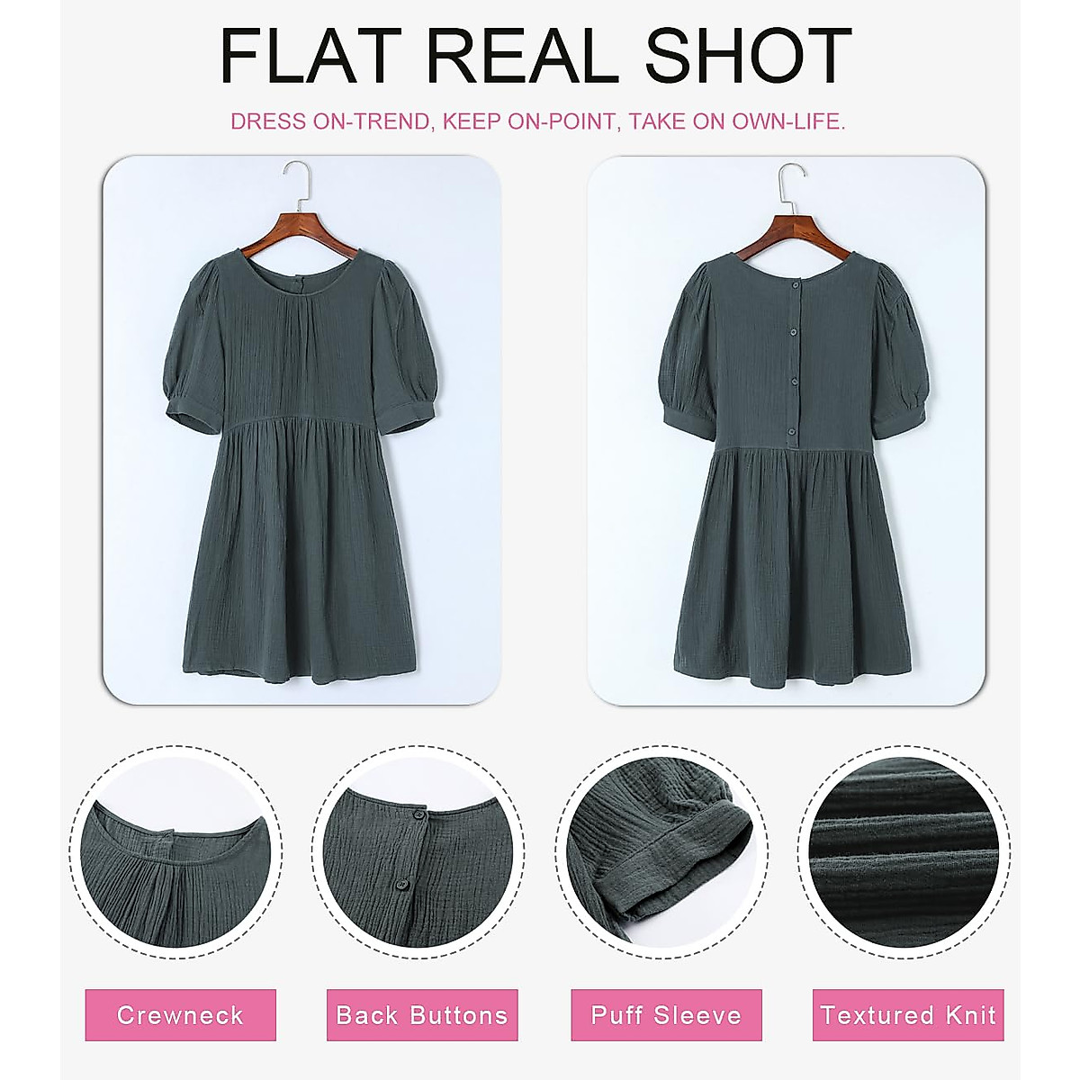 Dokotoo Womens Ladies Summer Sun Dress Spring Tunic Dress Round Neck Lantern Short Sleeve High Waist Pocketed Mini Short Shift Dress for Party Gray X-Large