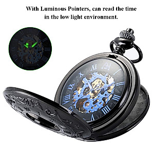 ManChDa Mechanical Roman Numerals Dial Skeleton Pocket Watches with Box and Chains for Mens Women (1.Black Blue)