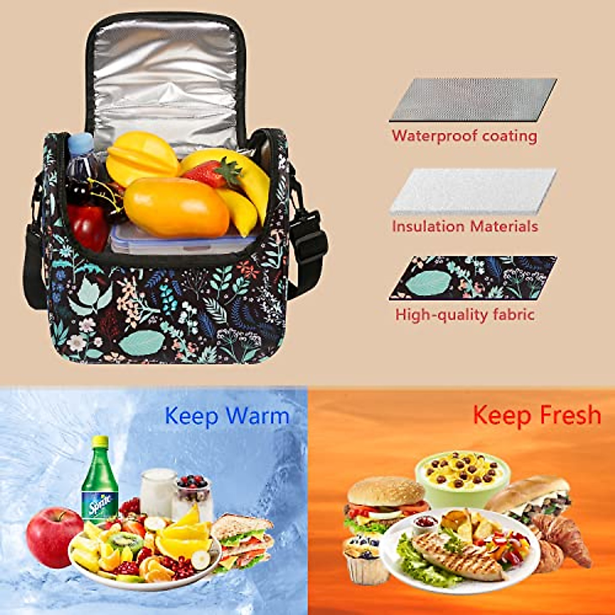 Hap Tim Lunch Box for Women & Men, Insulated Lunchbox for Adults, Reusable Lunch Bag for Work, Picnic or Travel, Black Floral (16050-BF)