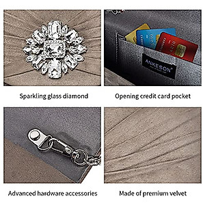 ANKESON Clutch Purses for Women Velvet Pleated Evening Bags Envelope Shoulder Evening Handbags Grey