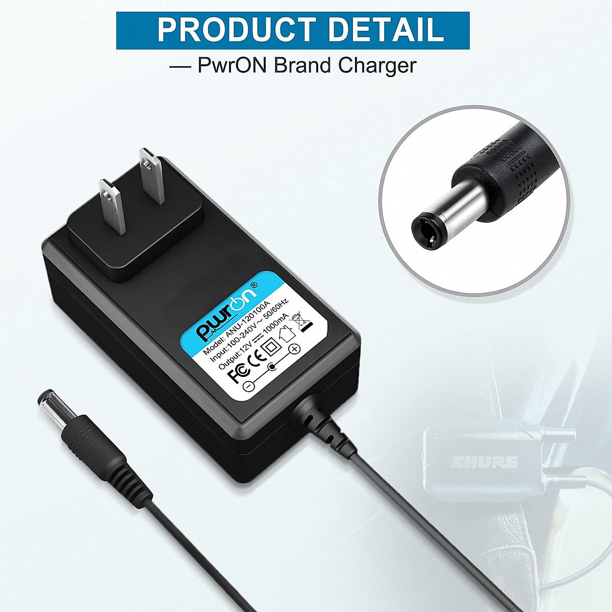 PwrON Compatible AC Adapter 12V Replacement for Shure SLX4 PGX4 BLX4 BLX88 BLX4R GLXD6 UABiasT PG4 PGX4 PGXD4 SLX4L P2T FP33 Wireless Receivers Power Supply Cord