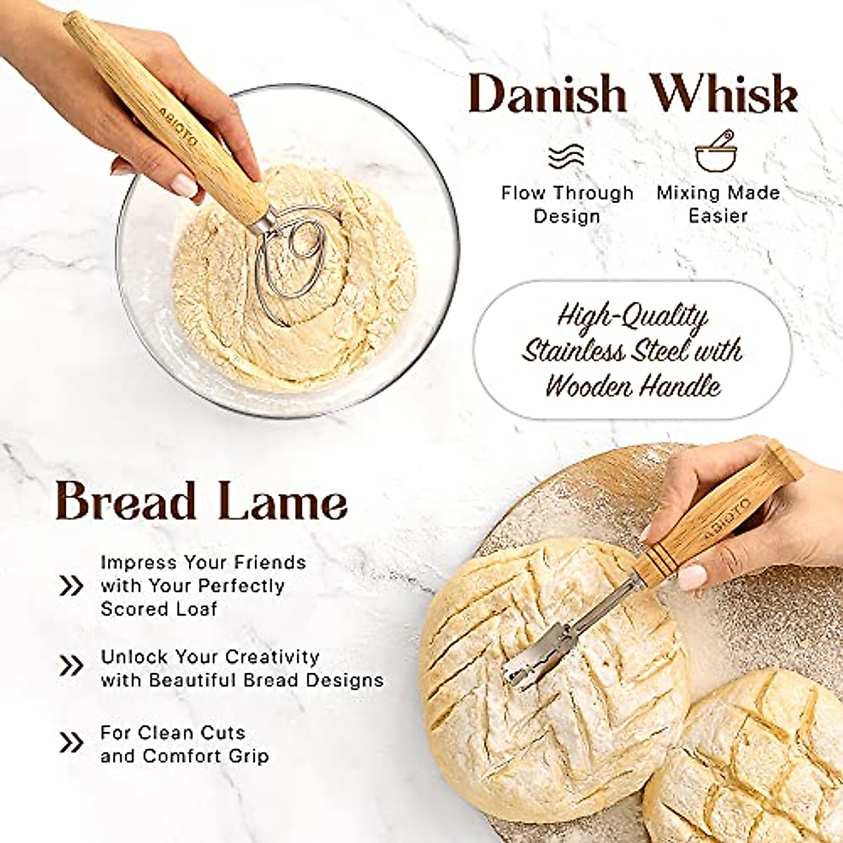 Banneton Bread Proofing Basket Set of 2 with Sourdough Bread Baking Supplies - A Complete Bread Making Kit Including 9" Proofing Baskets, Danish Whisk, Bowl Scraper, Dough Scraper, & Bread Lame