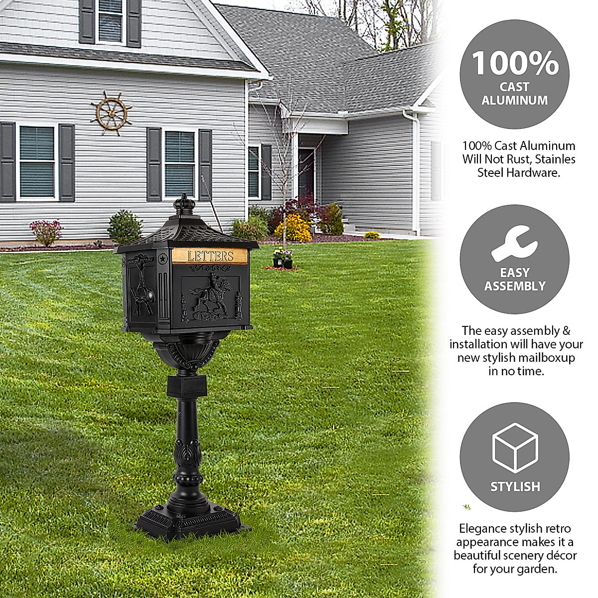Polar Aurora Mailbox Cast Aluminum Black Mail Box Postal Box Security Heavy Duty New