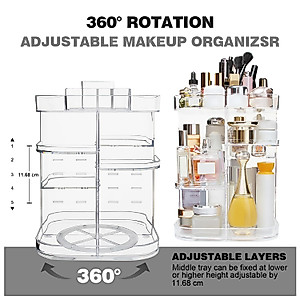 AMEITECH 360-Degree Makeup Organizer, DIY Adjustable Rotating Cosmetic Storage Carousel Spinning Holder Storage Rack with 5 Layers Large Capacity, Best for Countertop, Square
