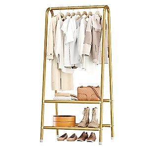 JOISCOPE Gold Metal Clothes Rack, Sturdy and Portable, with Double Layer Shelf for Hanging and Storing Clothes, Shoes, Bags, Umbrellas, Bedroom, Office, Living Room