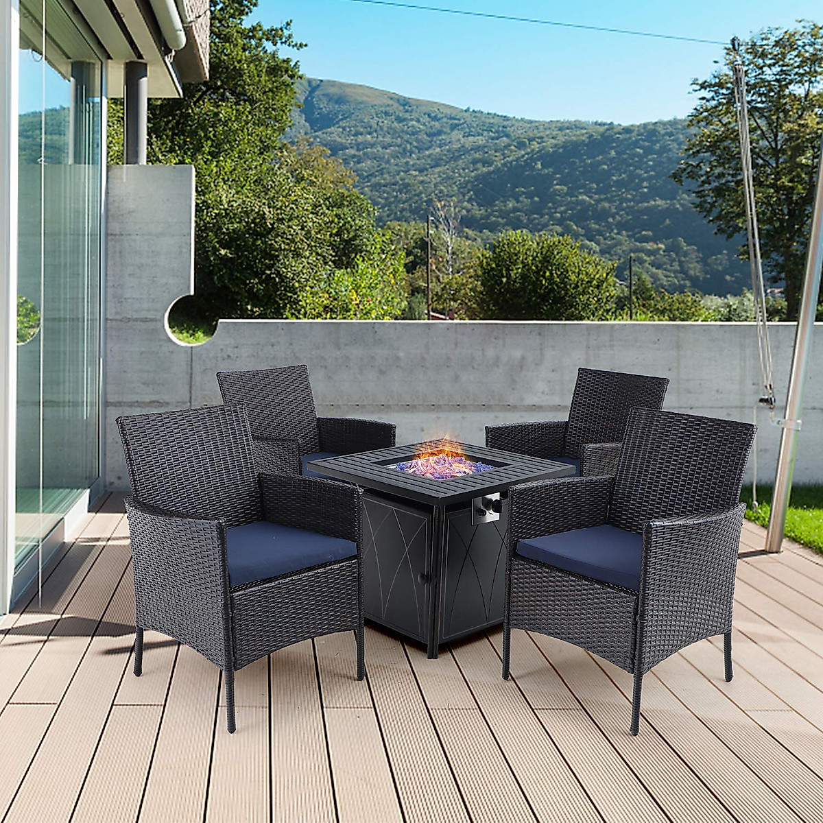 MFSTUDIO 28 Inch Propane Gas Fire Pit Table & Wicker Chairs Furniture Set with Blue Fire Glass, Multi-Function Outdoor Patio Conversation Set, 50,000 BTU, CSA Certification