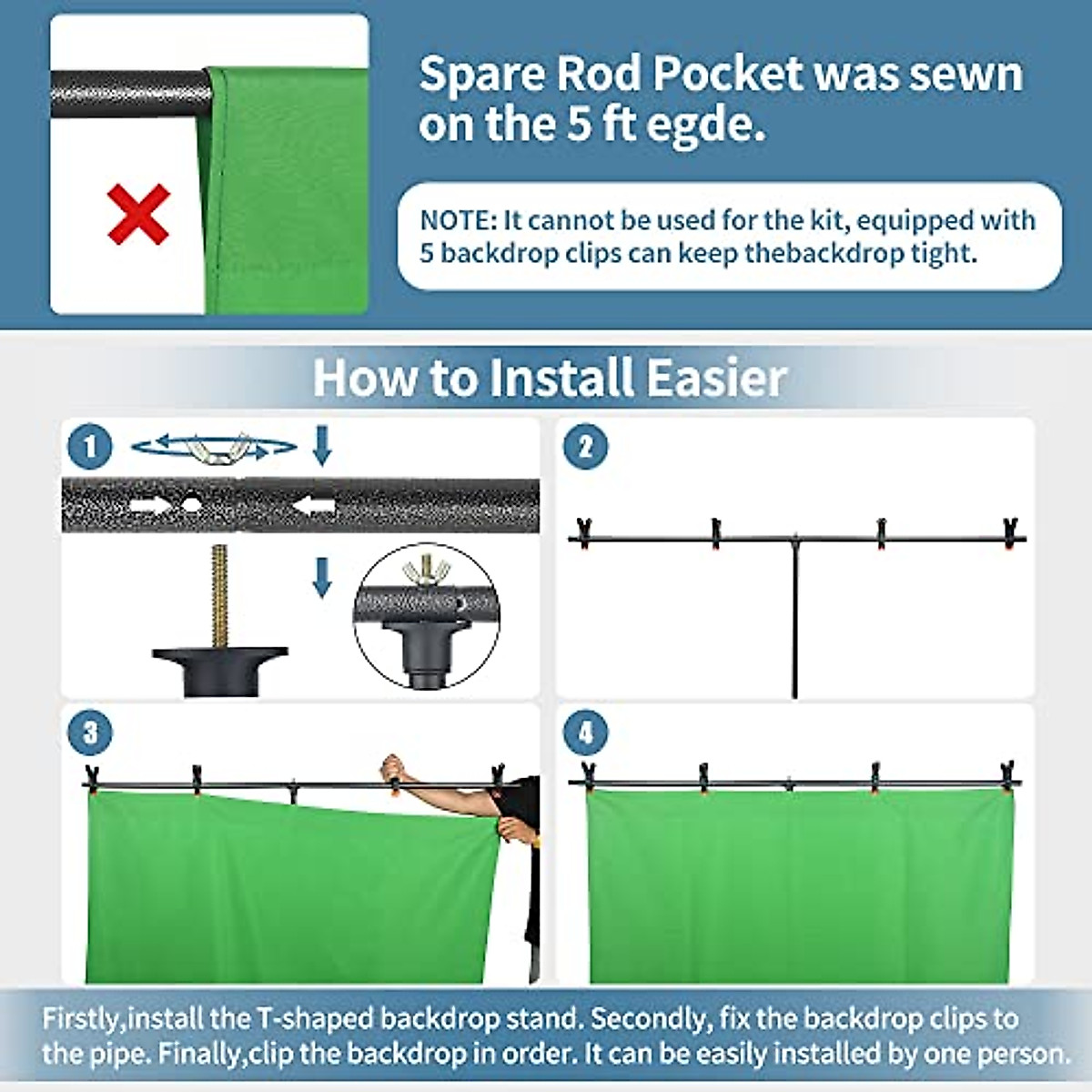 Hemmotop Green Screen Backdrop with Stand Kit 5x6.5ft for Zoom, 2-in-1 Reversible Blue Screen and Green Screen with Portable T-Shaped Background Support Stand, 5 x Backdrop Clip