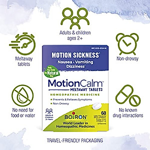 Boiron MotionCalm Relief for Nausea, Vomiting, or Dizziness associated with Motion Sickness Due to Travel, Amusement Rides, and Video Games or VR - Non-Drowsy - 60 Count