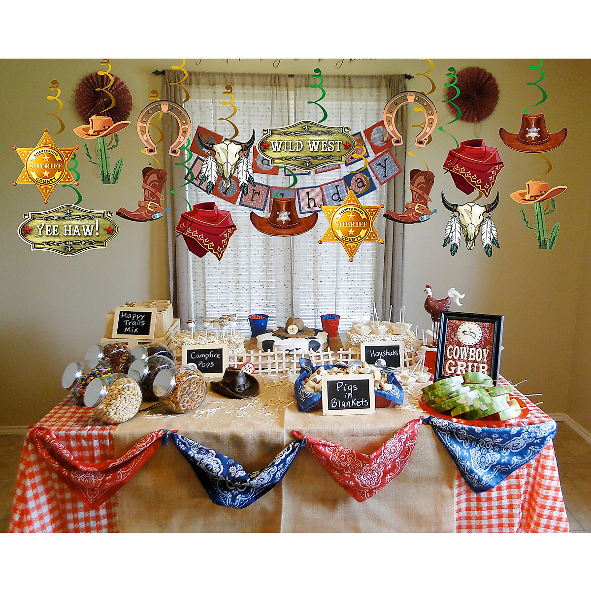 CINRAY Western Cowboy Birthday Decoration, 8x6 inches, Brown, 16 Hanging Swirls for Party Favors Supplies
