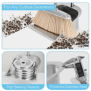 VOOWO Broom and Dustpan Set for Home, Stainless Steel Broom and Dustpan Set with Long Handle, Heavy Duty Dustpan Broom Set Standing Dust Pan Kitchen and Home Indoor Outdoor Broom