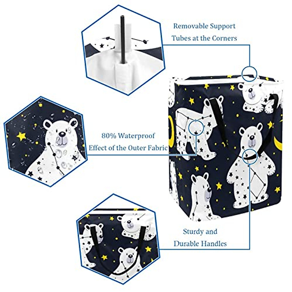 Constellation Bear with Moon Stars Print Collapsible Laundry Hamper, 60L Waterproof Laundry Baskets Washing Bin Clothes Toys Storage for Dorm Bathroom Bedroom