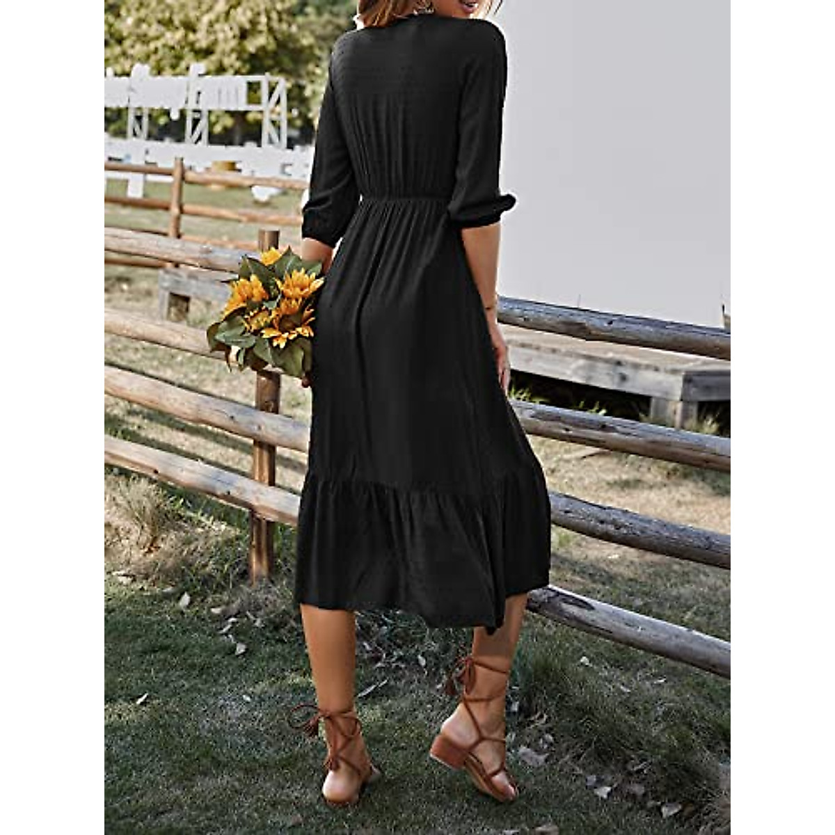 OYOANGLE Women's Swiss Dot Lace Fake Button 3/4 Lantern Sleeve Ruffle Hem V Neck A Line Flowy Midi Dress Black M