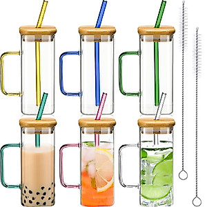 Rtteri 6 Set Square Glass Cups Drinking Glasses with Bamboo Lid Straw and Handle Portable Coffee Mugs for Graduation Party Mother's Day Gifts(Bright Color, 13 oz, Small)