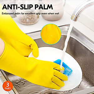 Vgo... 3-Pairs Reusable Household Gloves, Rubber Dishwashing gloves, Extra Thickness, Long Sleeves, Kitchen Cleaning, Working, Painting, Gardening, Pet Care (Size M, Yellow, HH4601)