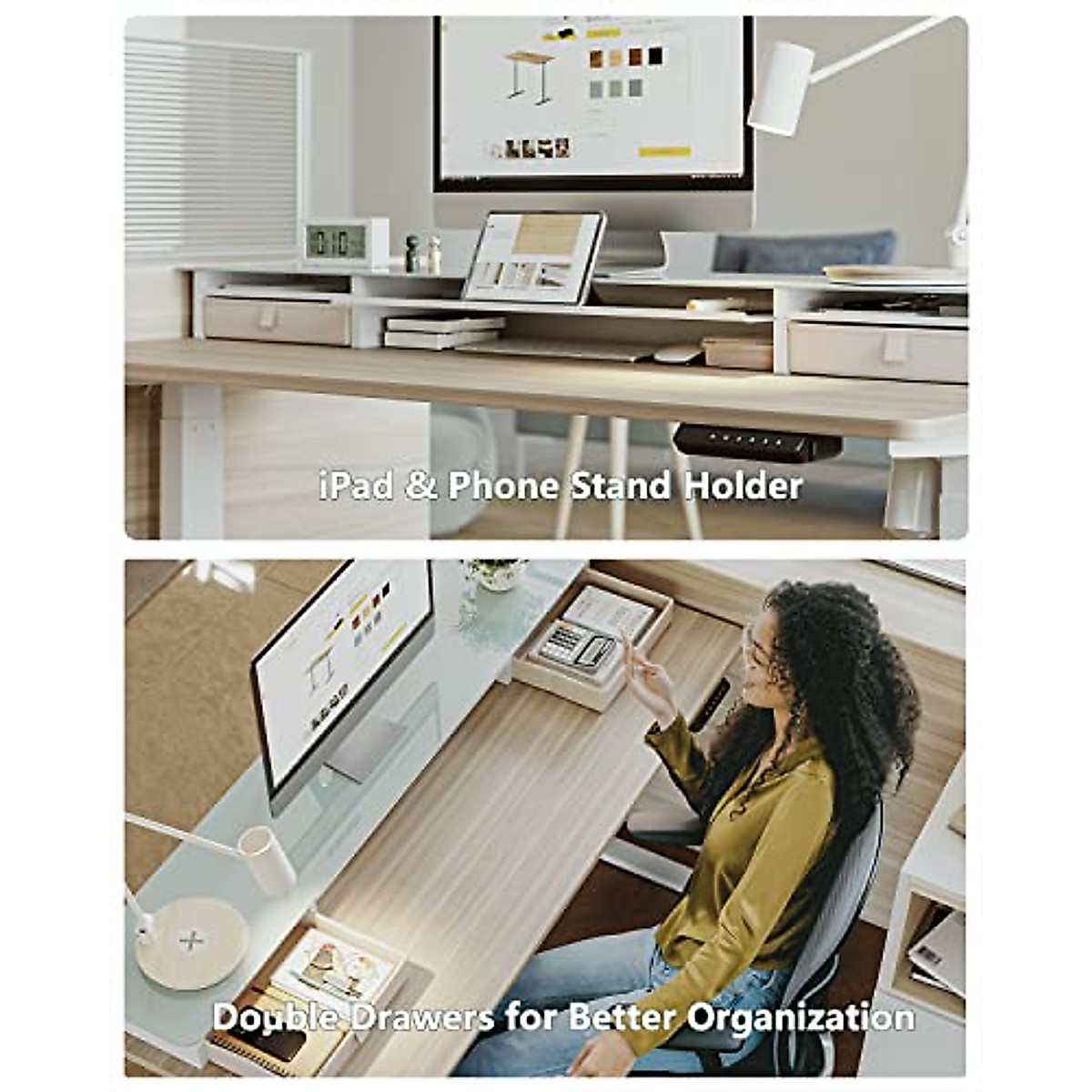 BANTI 55"x 26" Electric Standing Desk with Glass Top Monitor Stand, Adjustable Sit Stand Up Table with Double Drawer, Sit Stand Desk with Storage Shelf, Light Walnut Top