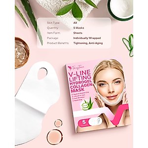 FairyFace V Line Lifting Mask, 5 Count Double Chin Reducer, Lifting Hydrogel Collagen Mask with Aloe Vera and Seaweed, Hydrating and Anti-aging, Creating a V-shaped Face Full of Vitality