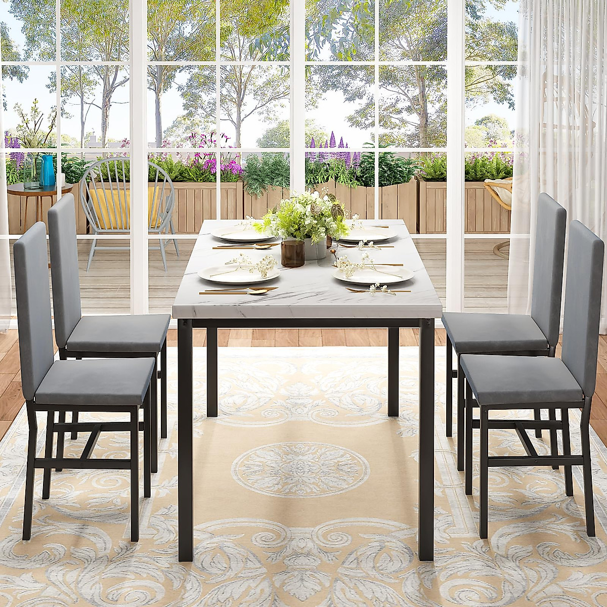 Hooseng Dining Table Set for 4, Modern Kitchen Table and Chairs Set of 4, Space Saving 5 Piece Dining Room Table Set with Faux Marble Top and Upholstered Velvet Chairs for Small Space, Apartment, Grey
