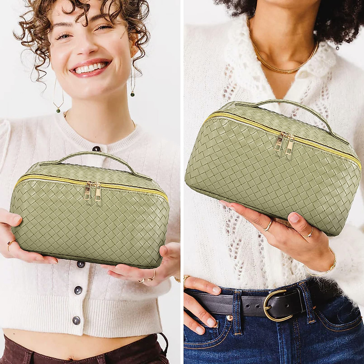 SOIDRAM Large Capacity Travel Cosmetic Bag Makeup Bag Leather Makeup Bag Organizer Women Portable Toiletry Bag Flat Lay Everything Cosmetic Bag Green