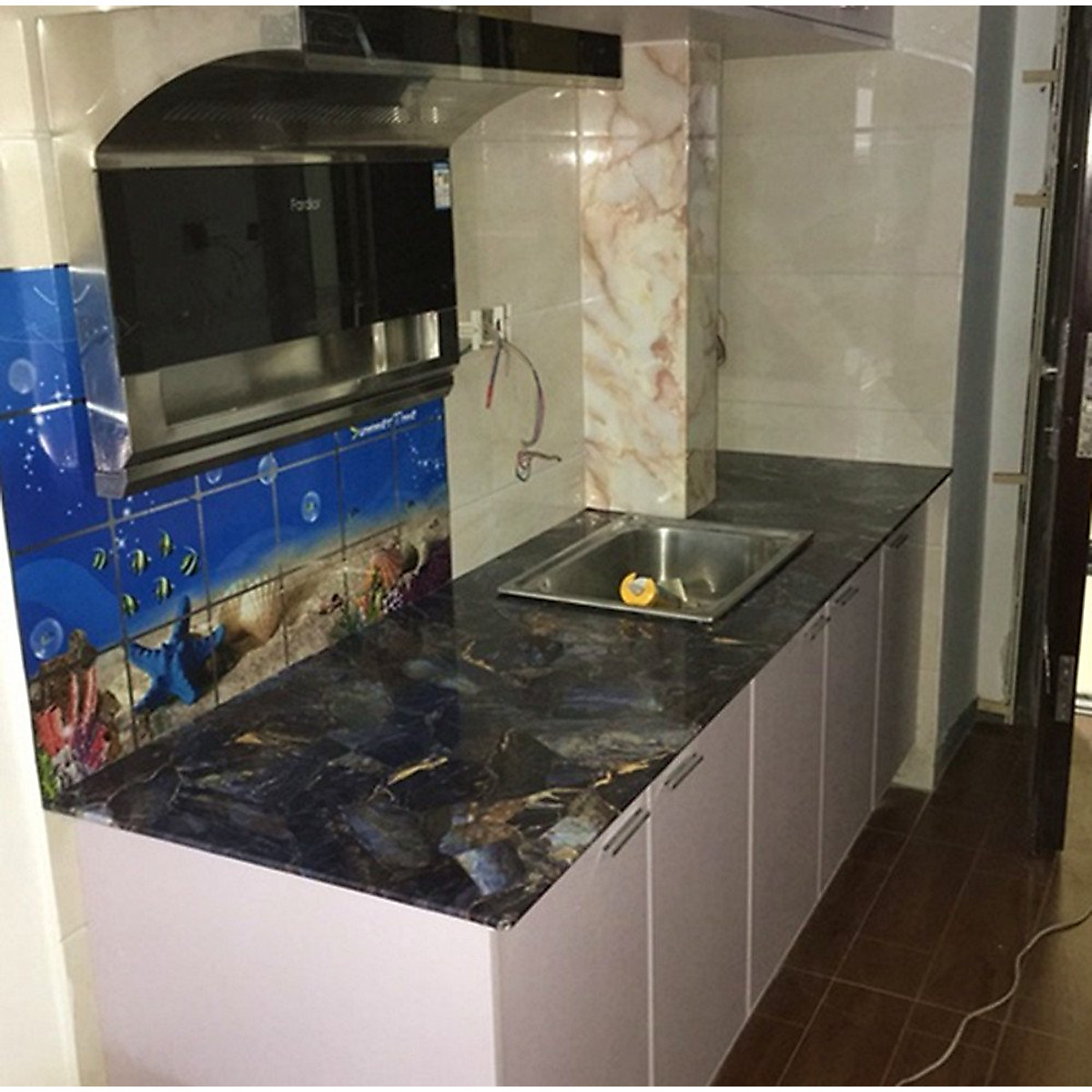 Moyishi Granite Look Marble Gloss Film Vinyl Self Adhesive Counter Top Peel and Stick Wall Decal 15.8"x118" (Dark Blue)