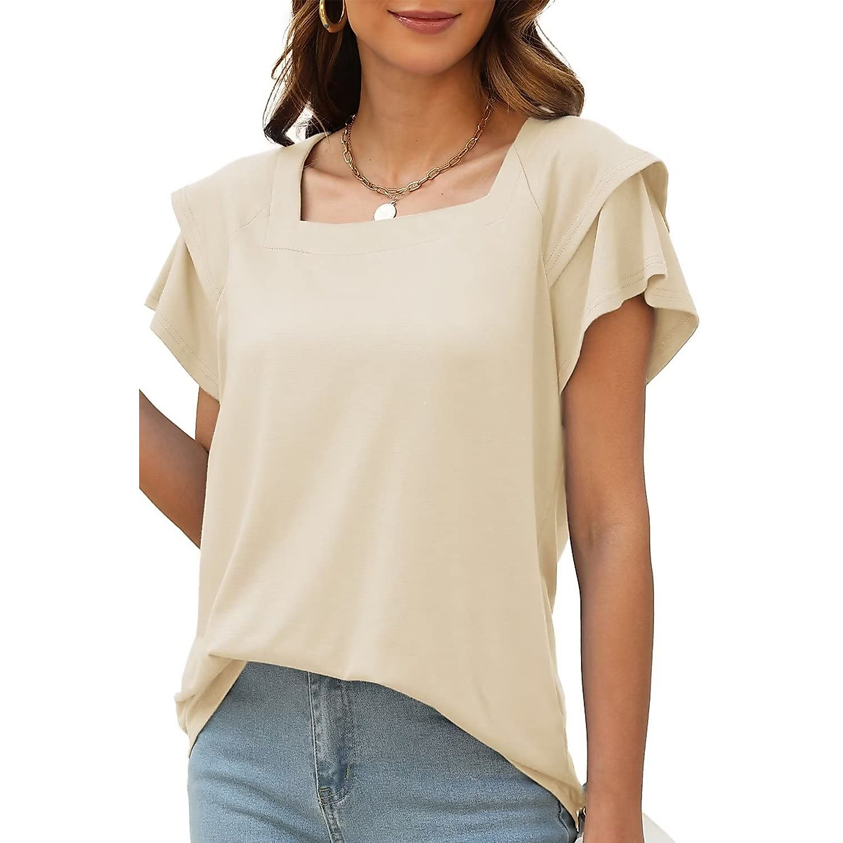 Esayendder Womens Summer Tops 2023 Ruffle Short Sleeve Shirts Square Neck Casual T Shirts Apricot