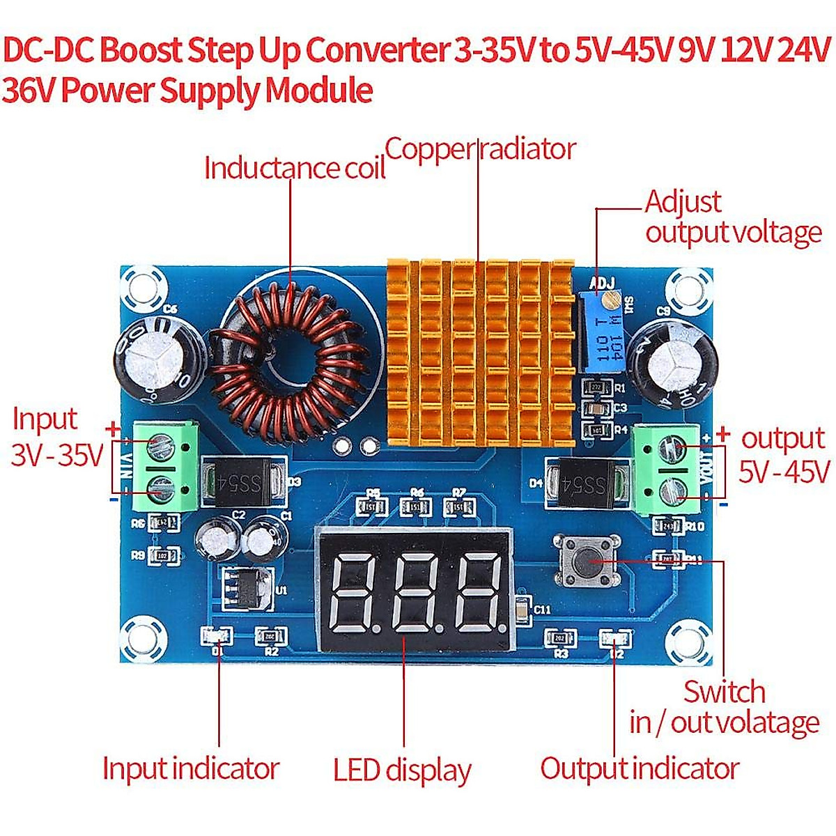 DC-DC Step Up Module Power Supply Voltage Boost Module Converter Regulator 3-35V to 5V-45V Power Supply Module 5A DIY Charger Large Power Module