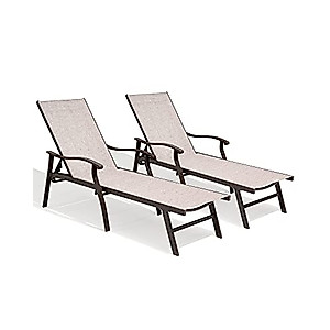 Crestlive Products Aluminum Adjustable Chaise Lounge Chair Five-Position and Full Flat Outdoor Recliner All Weather for Patio, Beach, Yard, Pool (2PCS Beige)