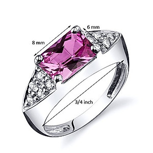 PEORA Created Pink Sapphire Statement Ring in Sterling Silver, Elegant Linear Design, Radiant Cut, 8x6mm, 2 Carats total, Comfort Fit, Size 9