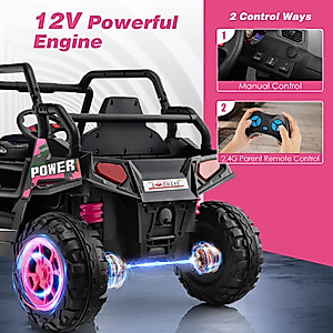 Costzon Ride on Car, 12V Kids UTV with 2.4G Remote Control, Music, LED Lights, Radio, USB Port, Storage, Slow Start, Battery Powered Off-Road Buggy for Boys Girls Aged 3-8 Years, Ride on UTV (Pink)