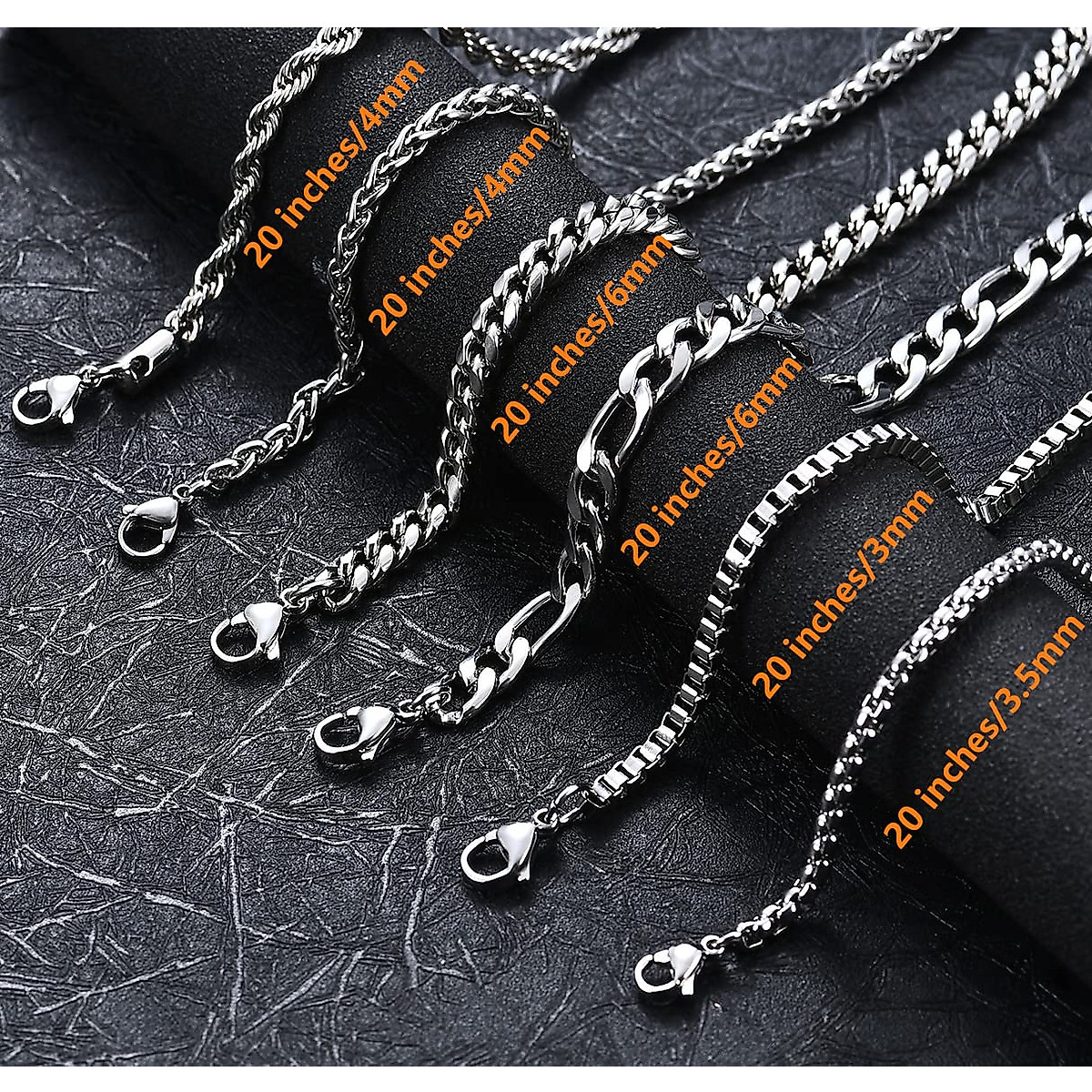 OLARCU 6 Pcs Silver Chains, Stainless Steel Cuban Link/Rope/Box/Figaro/Square Rolo/Wheat Chain Necklace Jewelry Set for Women Men, 20 inches