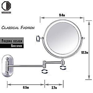 Tushengtu 8”Wall Mounted Makeup Mirror with Intelligent Light Control-10X Magnification, Rotatable Mirror, Adjustable Brightness and Color Temperature